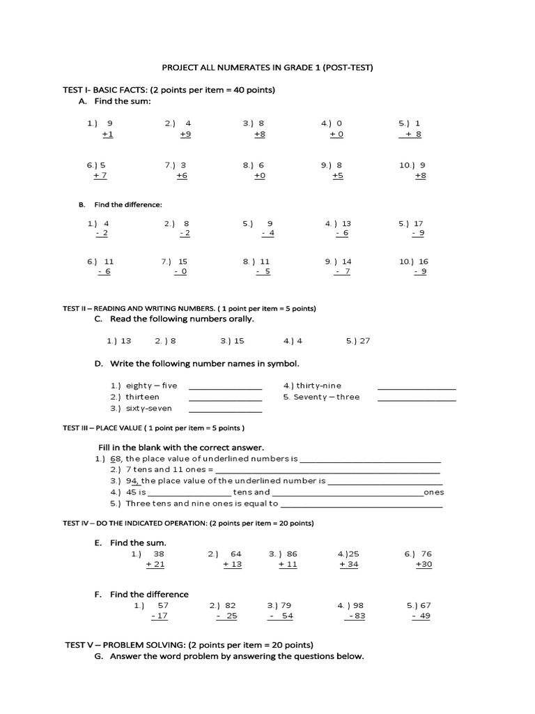 Grade 1 Mathematics Post-Test | PDF