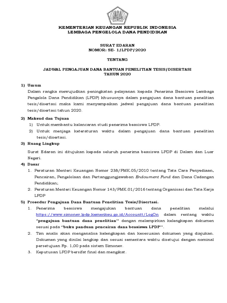Surat Edaran Pengajuan Dana Thesis LPDP | PDF