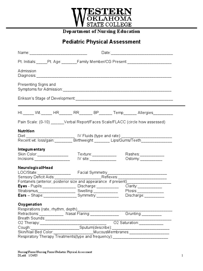 Pediatric Physical Assessment Form | PDF | Medical Diagnosis | Nursing