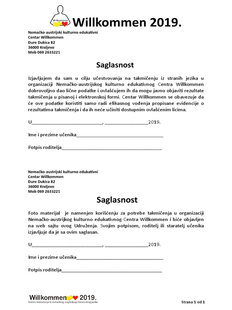 Saglasnost Roditelja 2019 | PDF