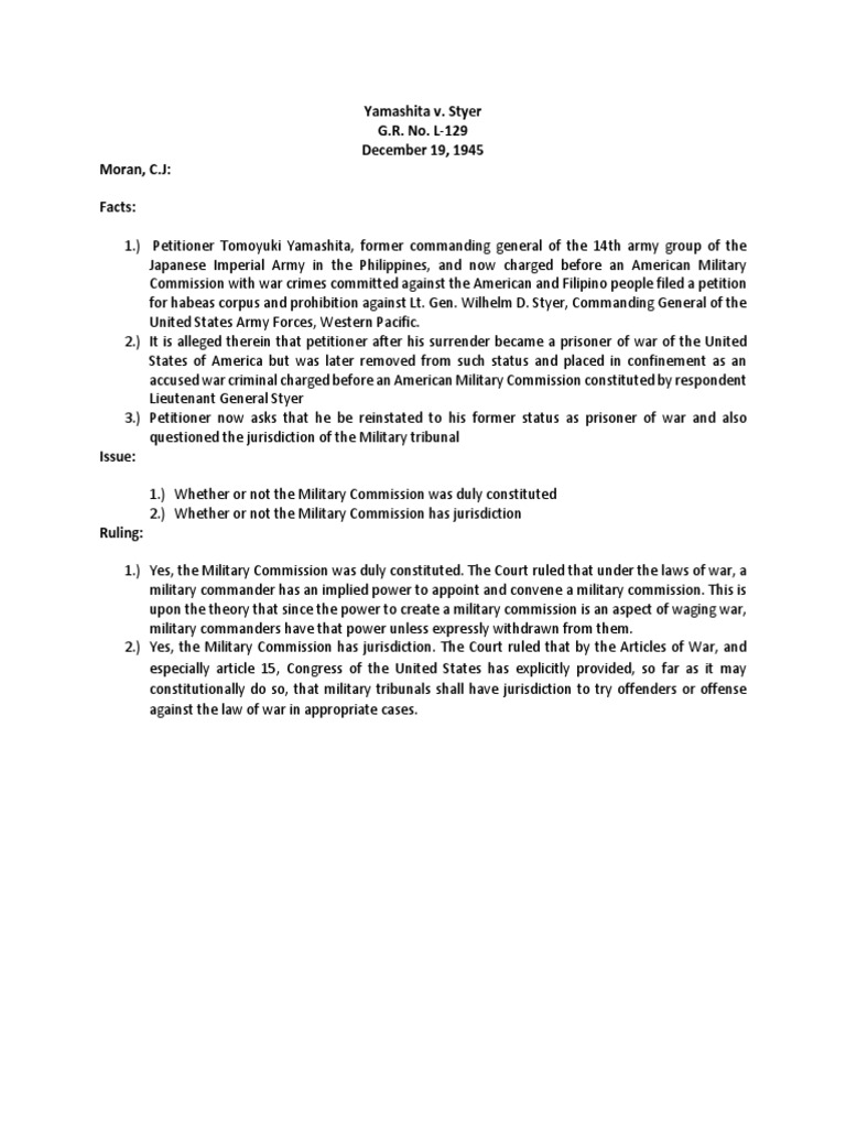 Yamashita v. Styer: War Crimes Jurisdiction | PDF | Law