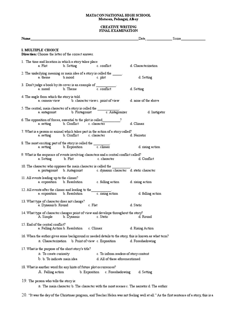 Creative Writing Final Exam Guide | PDF