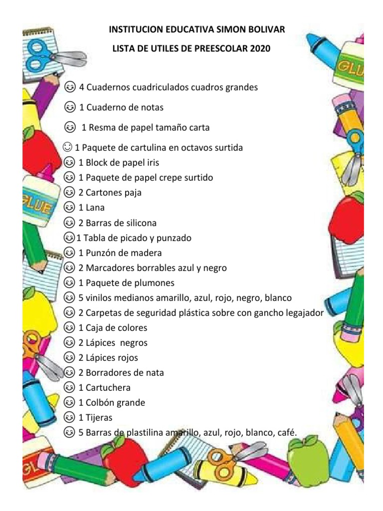 LISTA DE UTILES DE PREESCOLAR 2020 Preescolar | PDF