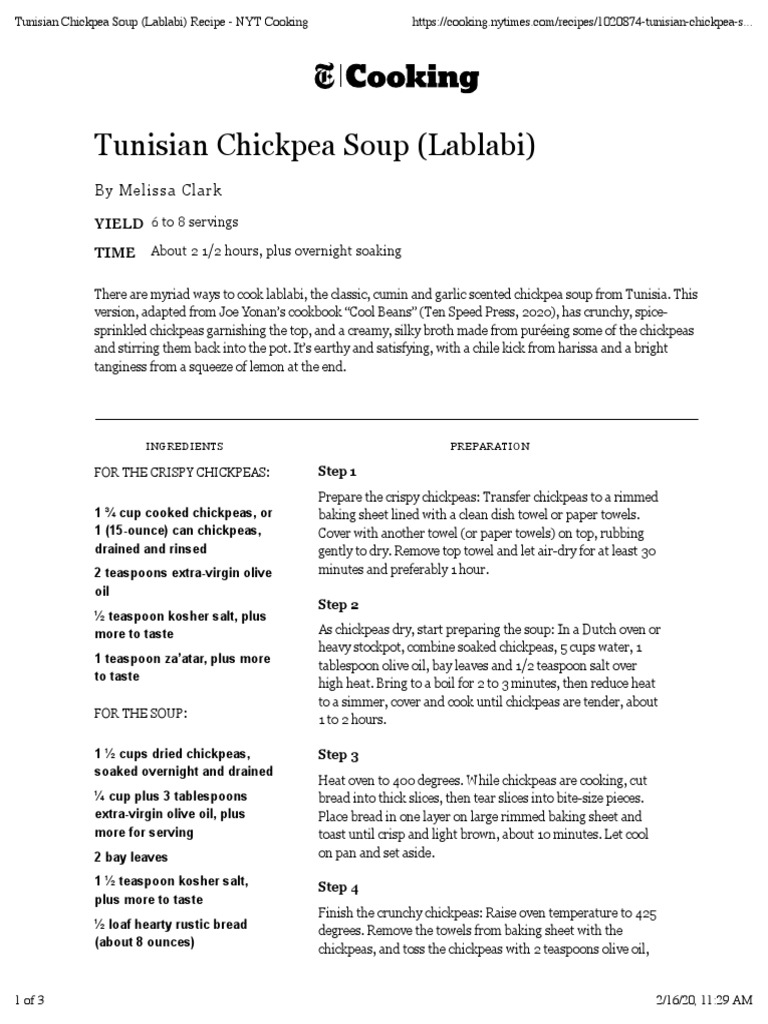 Tunisian Chickpea Soup (Lablabi) Recipe - NYT Cooking | PDF