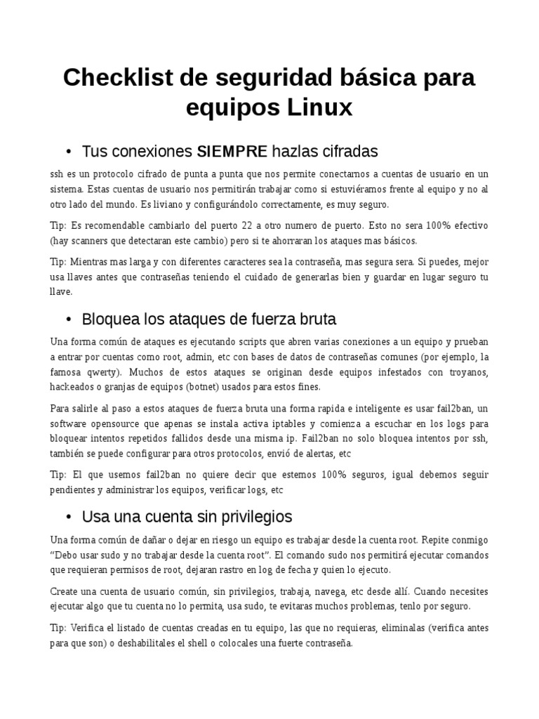 Checklist Seguridad Basica Linux | PDF