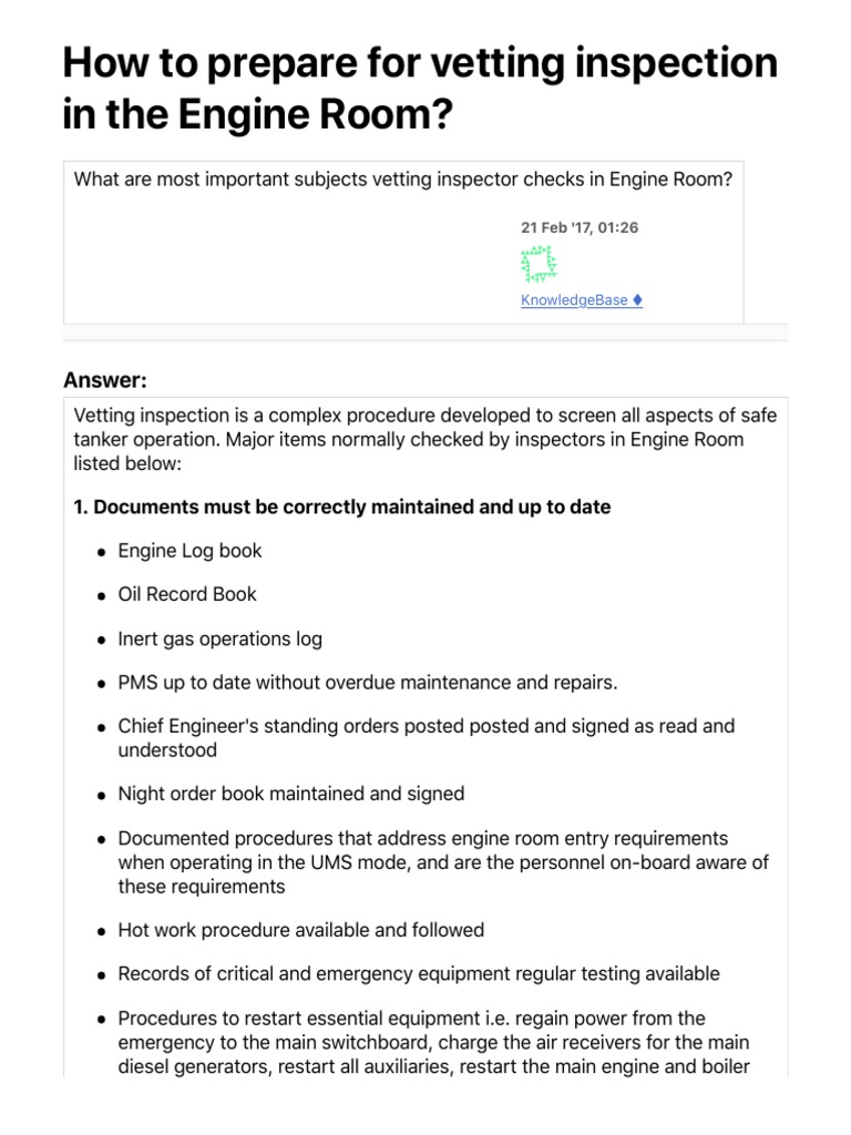 How To Prepare For Vetting Inspection in The Engine Room? | PDF
