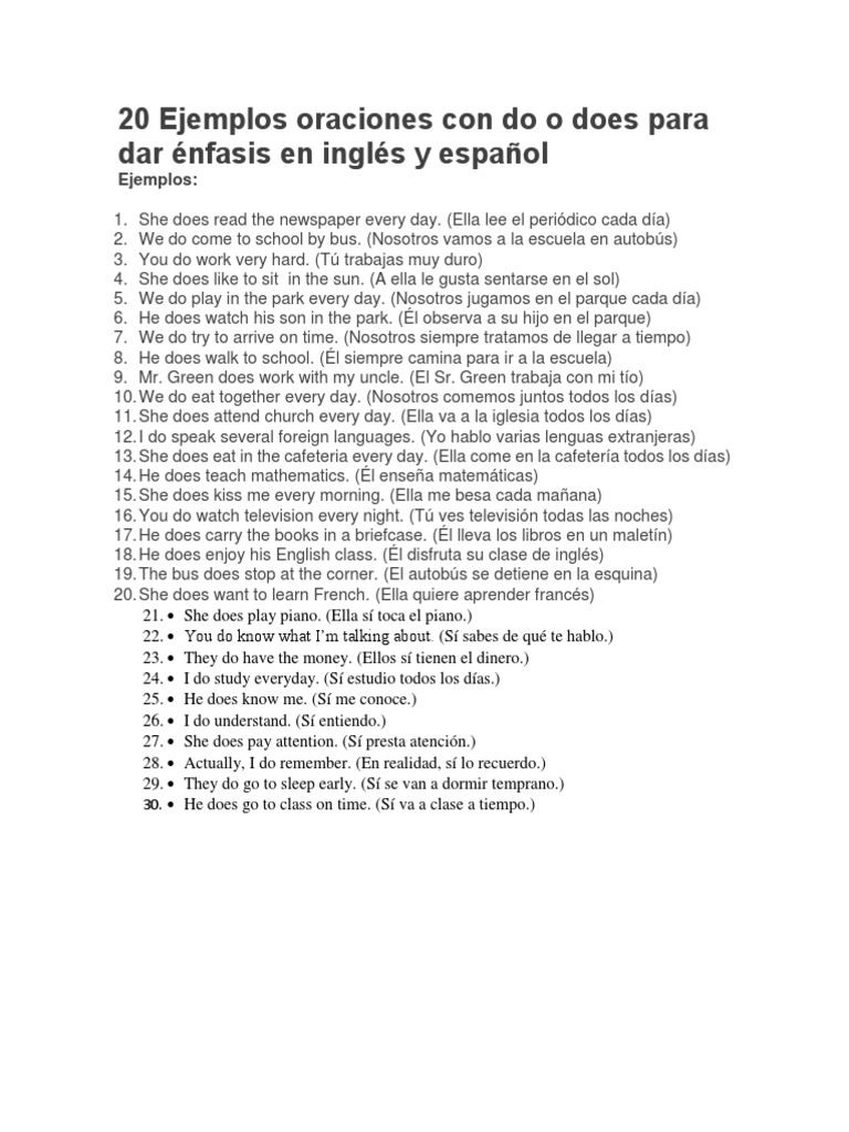 20 Ejemplos Oraciones Con Do o Does para Dar Énfasis en Inglés y ...