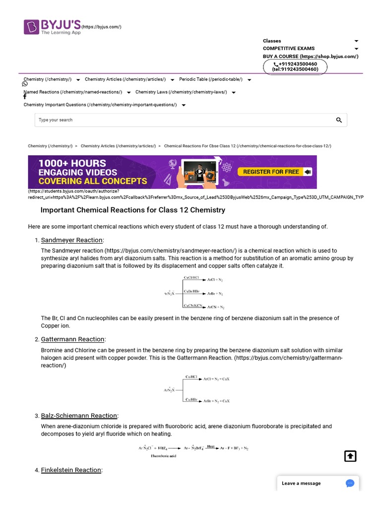 Key Reactions for Class 12 Chemistry | PDF