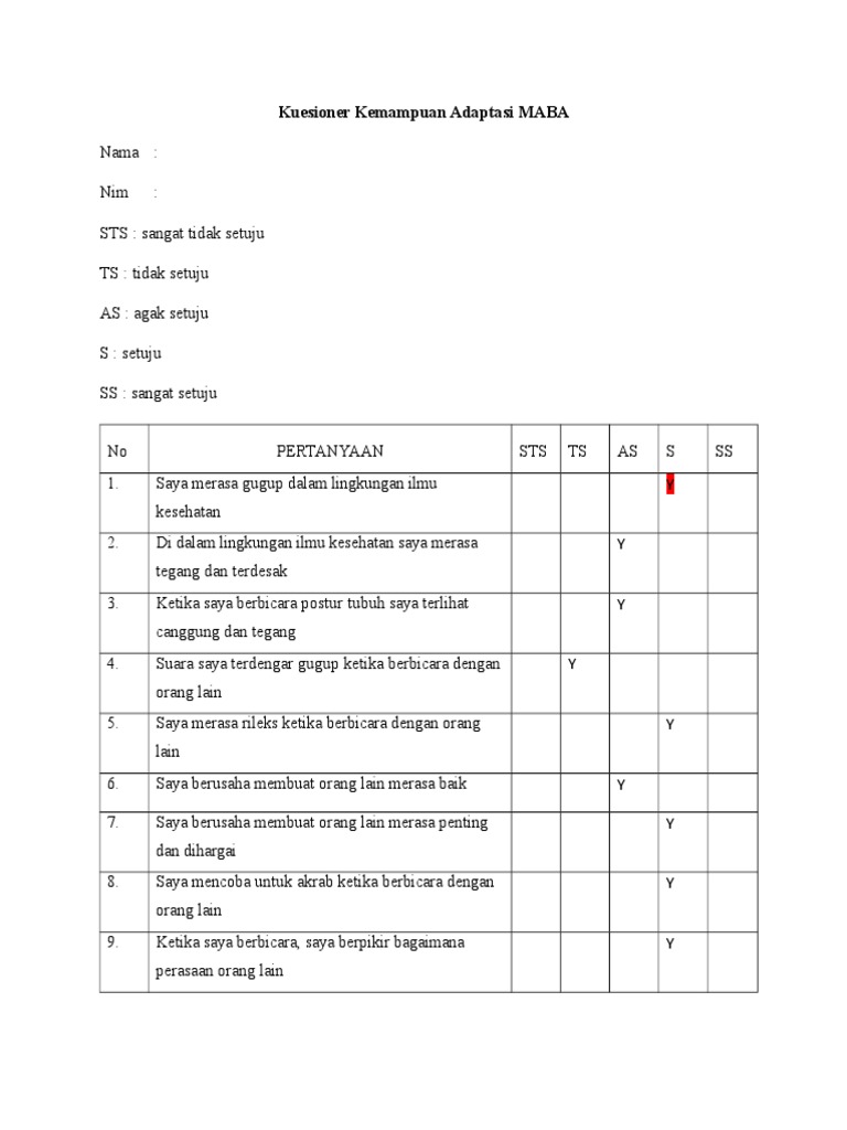 Kuesioner Kemampuan Adaptasi MABA | PDF