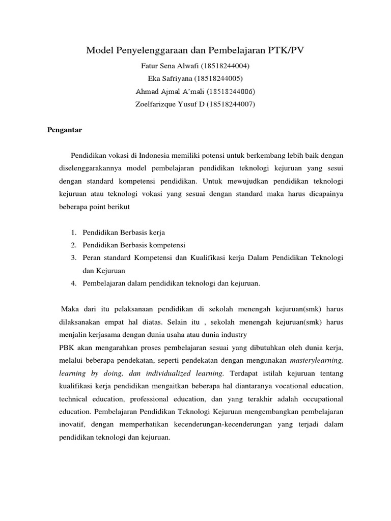 Model Penyelenggaraan Dan Pembelajaran PTK | PDF