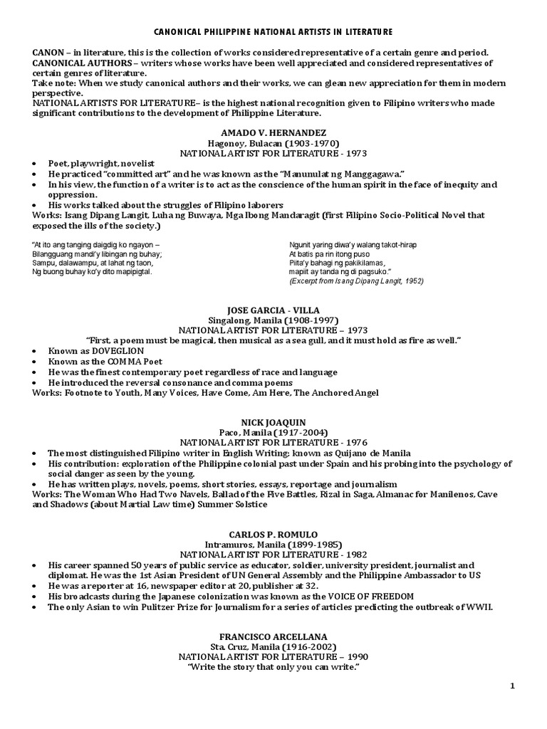 1.1 Canonical Philippine National Artists in Literature | PDF ...
