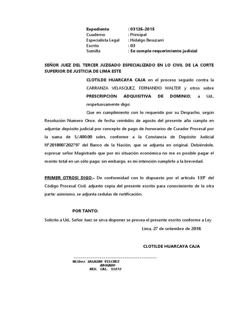Escrito Cumplimiento de Requerimiento Judicial | PDF Escrito Cumplimiento de Requerimiento Judicial | PDF