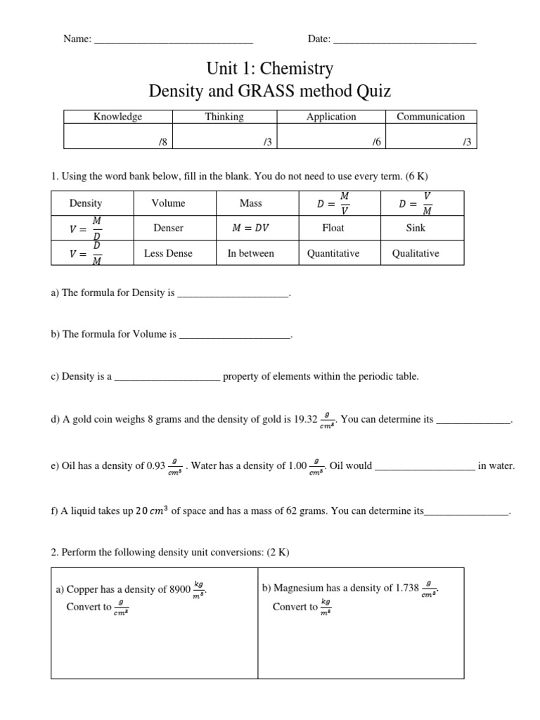 Density Quiz | PDF