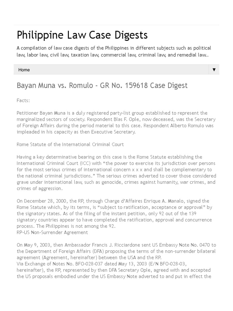 Philippine Law Case Digests - Bayan Muna vs. Romulo - GR No. 159618 Case Digest | PDF