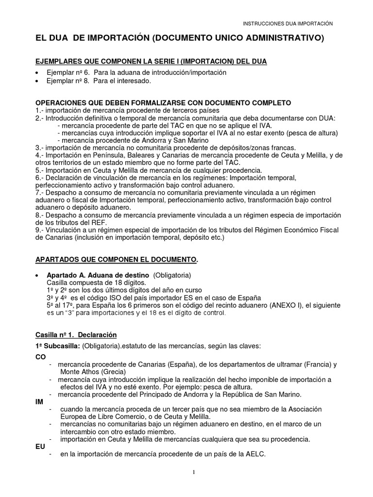 Instrucciones para DUA de Importación | PDF