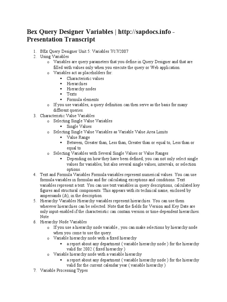 Bex Query Designer Variables Pdf Variable Mathematics Formula