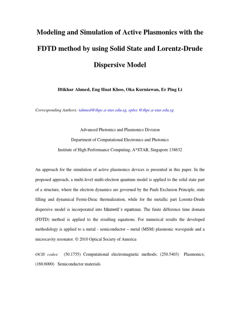 Modeling And Simulation Of Active Plasmonics With The Fdtd Method By