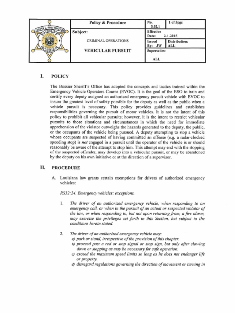 Bossier Parish Sheriff's Office's Policy For Vehicular Pursuits | PDF
