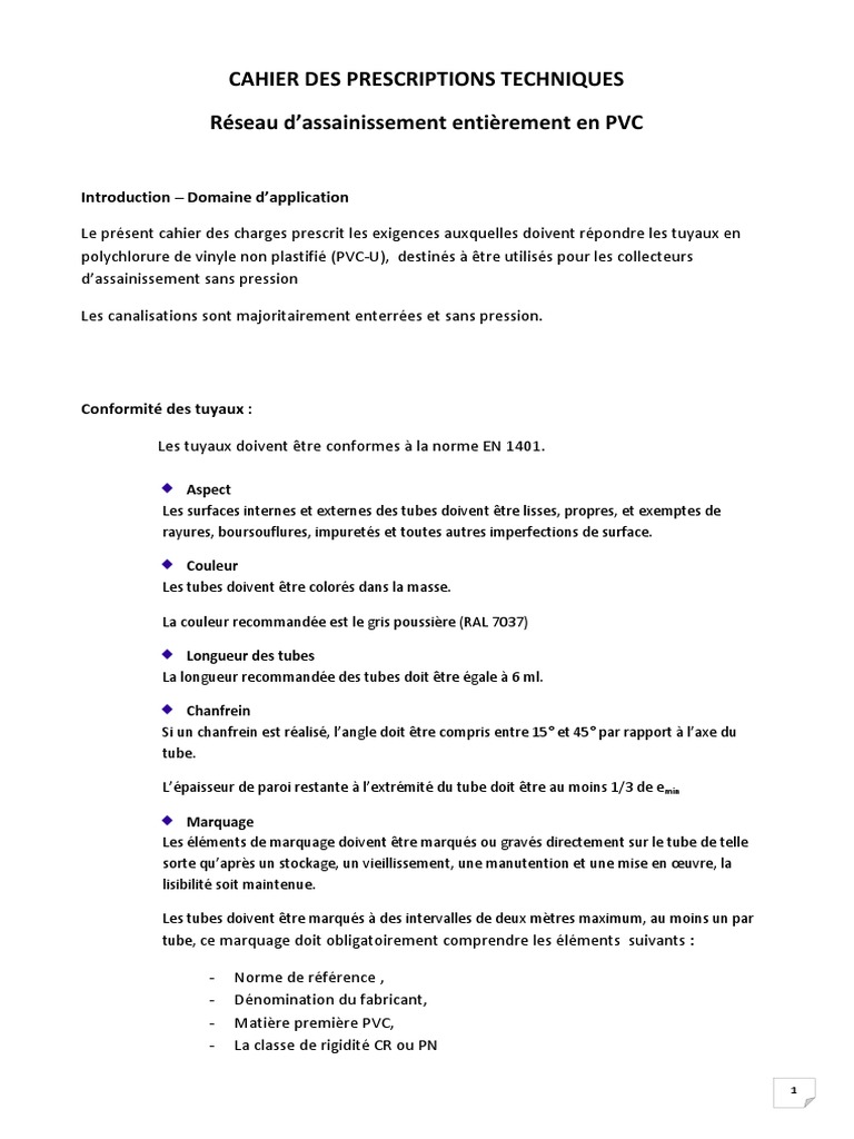Cahier Des Prescriptions Techniques Des Tubes PVC Assainissement | PDF