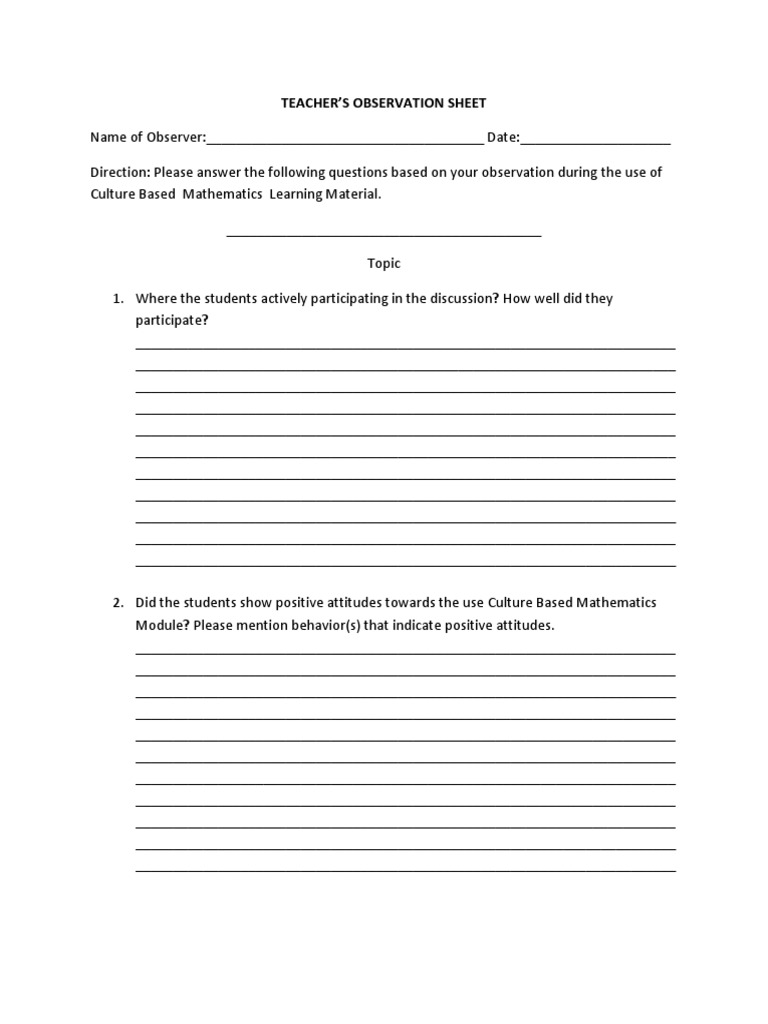Teacher Observation Sheet and Student Journal | PDF | Attitude ...