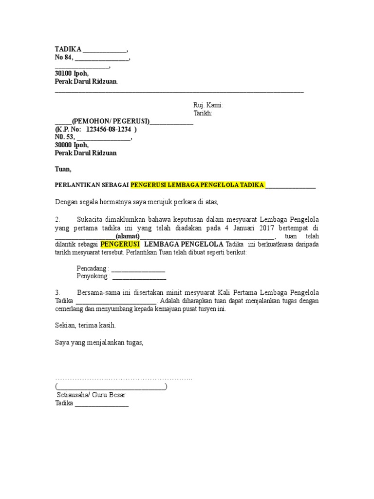 C02 - Contoh Surat Perlantikan Pengerusi - Setiausaha - ALP - Tadika | PDF