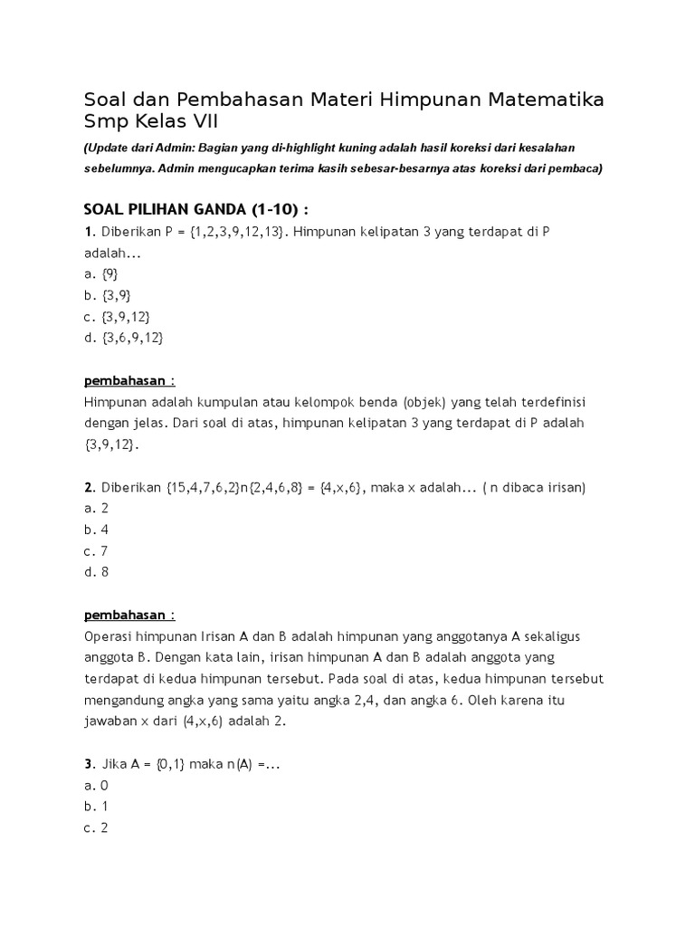 Soal Dan Pembahasan Materi Himpunan Matematika SMP Kelas VII | PDF | Metode & Bahan Ajar