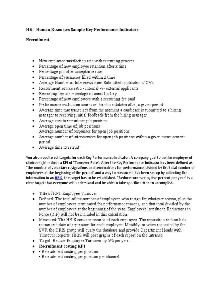 HR - Human Resourses Sample Key Performance Indicators Recruitment ...