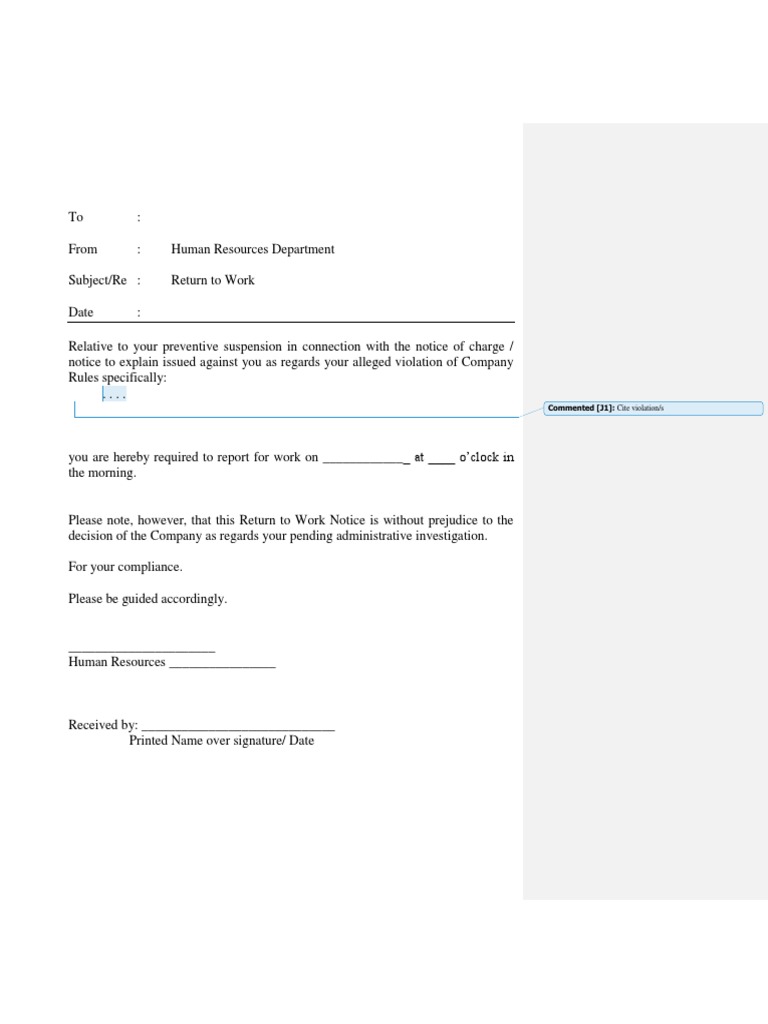 Sample Return To Work | PDF | Business