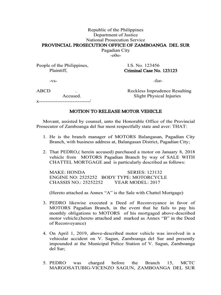 Motion To Release Vehicle | PDF | Prosecutor | Criminal Law