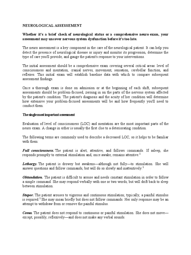 Neurological Assessment | PDF | Neurology | Anatomical Terms Of Motion