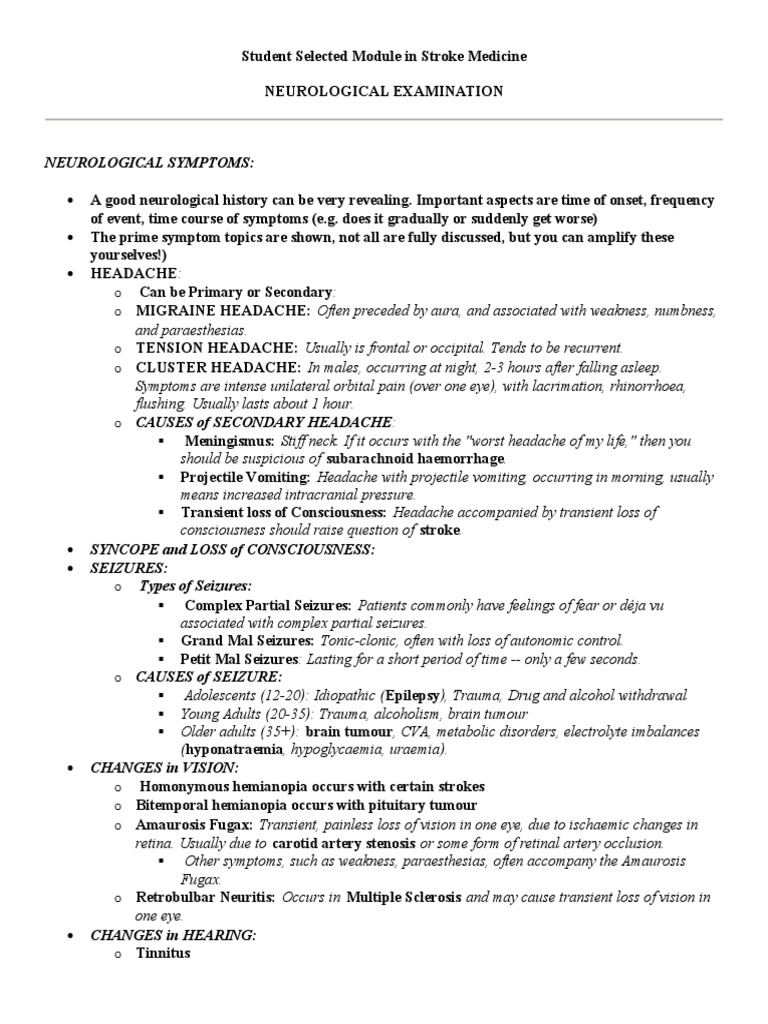Neurological Assessment For CVA | PDF | Headache | Coma
