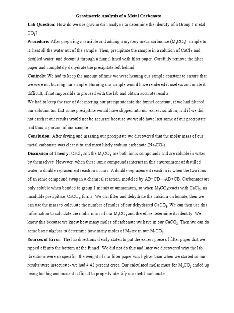 Chemistry Lab Report: Gravimetric Analysis of A Metal Carbonate | PDF ...