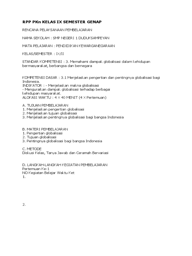 RPP PKN Kelas Ix Semester Genap | PDF