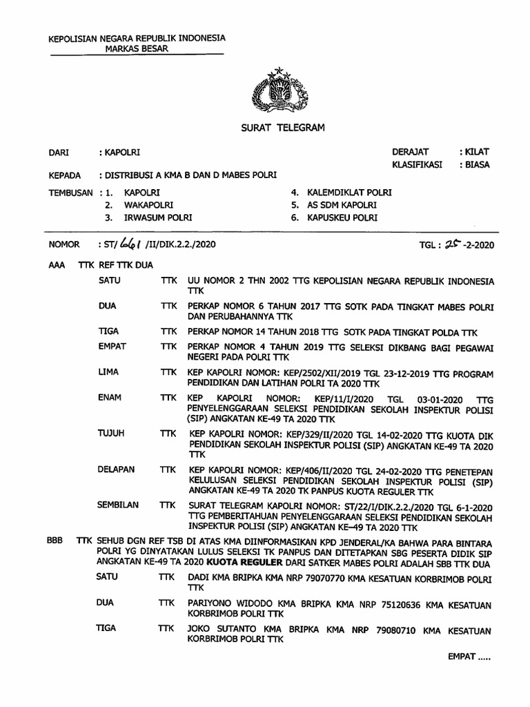 ST Panggil Sip Reg Angk. 49 T.A 2020 Subpanpus PDF | PDF