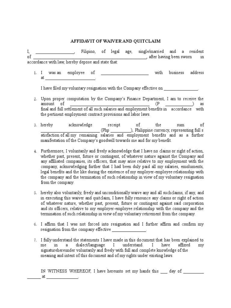Employee Quitclaim Template | PDF | Employment | Government Information