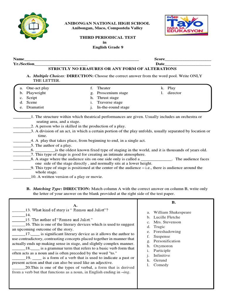 Grade 9 English 4th Quarter Test | PDF | Characters In Romeo And Juliet ...