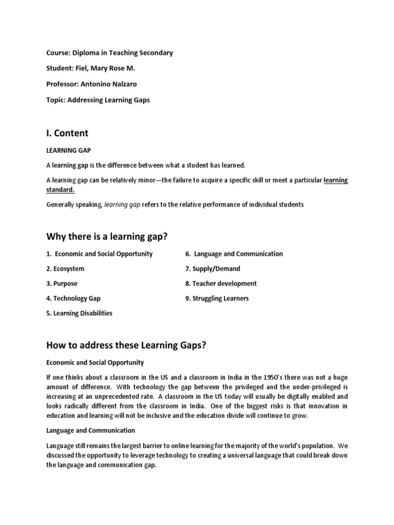 Addressing Learning Gaps Summary | PDF | Tutor | Mentorship