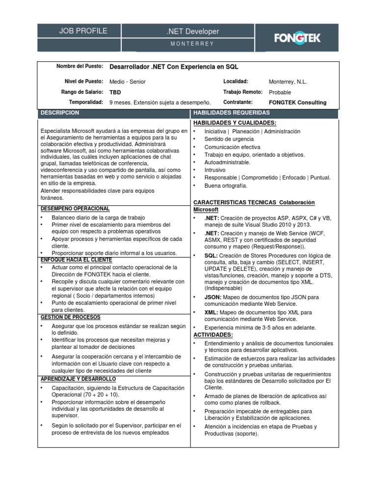 Fongtek JobProfile NET DeveloperR | PDF | Xml | Microsoft
