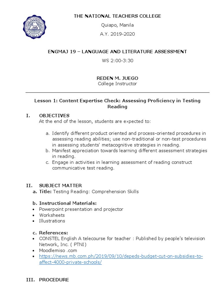 Lesson Plan in Testing Reading | PDF | Reading Comprehension | Linguistics