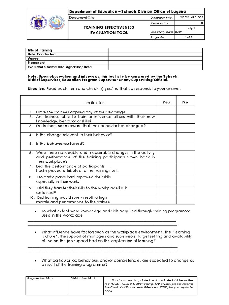 Training Effectiveness Evaluation Form | PDF | Behavior | Applied Psychology