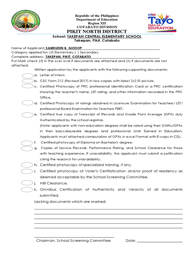 DepEd Hiring Checklist for Pikit School | PDF | Identity Document ...