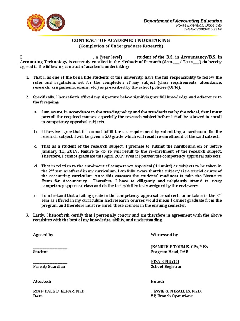 CONTRACT OR AGREEMENT OF ACADEMIC UNDERTAKING Accounting Template | PDF ...