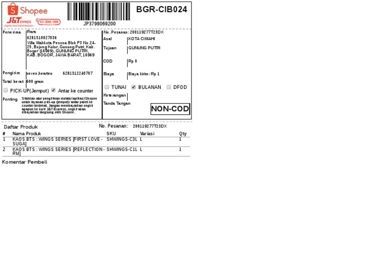 Shopee J&T Waybill Okit | PDF