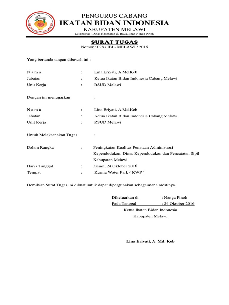 Contoh Surat Tugas Ibi | PDF