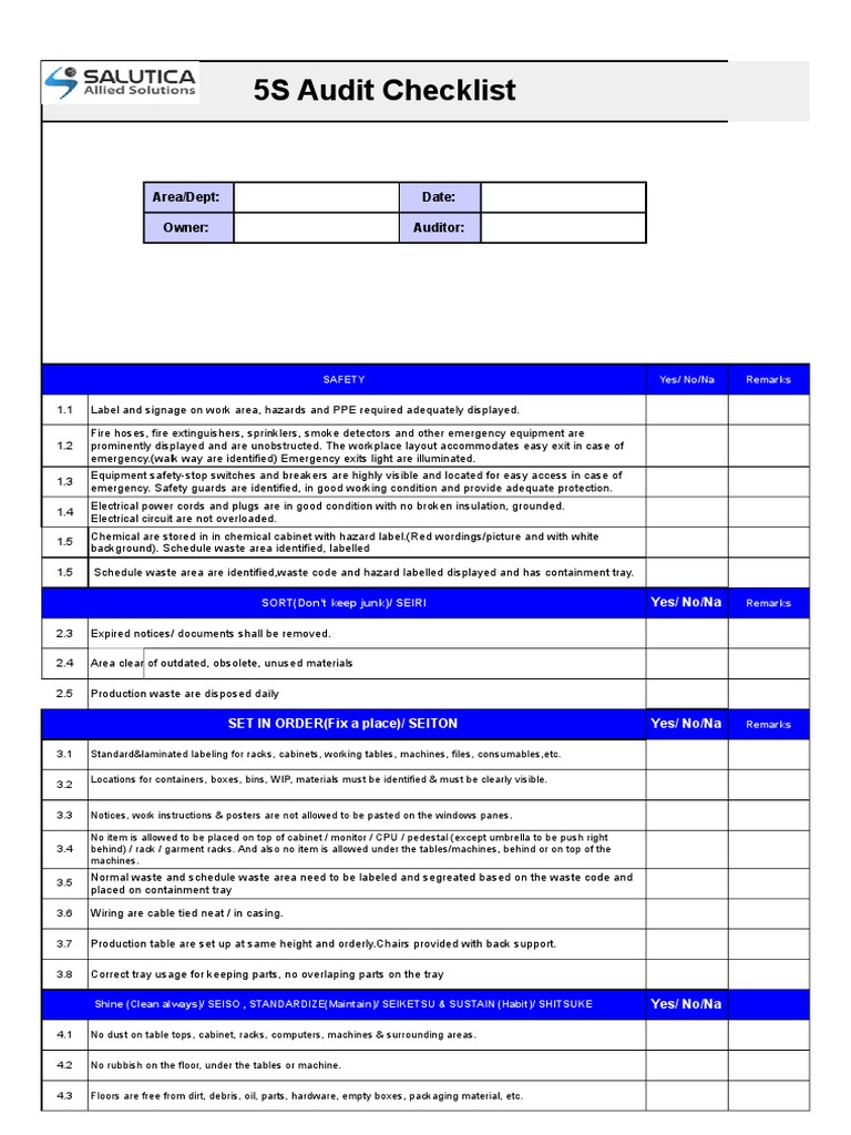 5S Audit Checklist for Warehouse | PDF | Equipment | Manufactured Goods