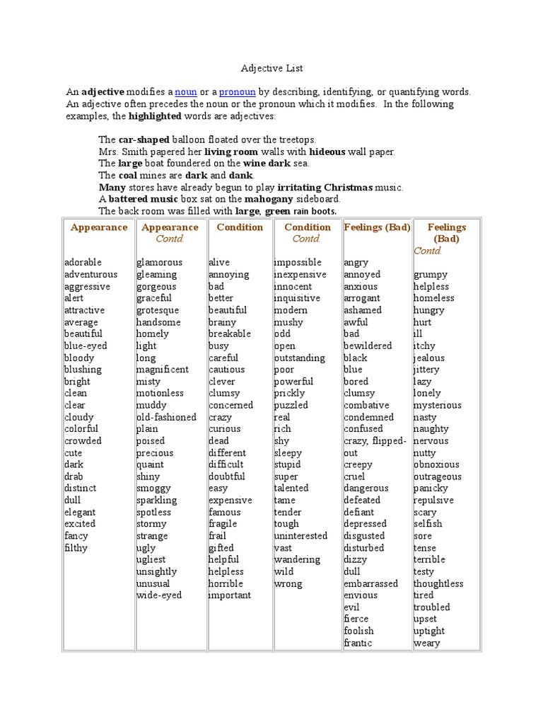 Adjective List Of Words