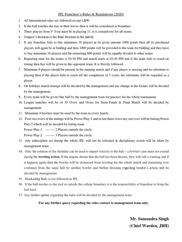 JPL Franchise Rules | PDF | Bowling (Cricket) | Games Of Physical Skill