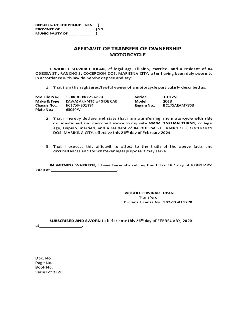 Affidavit-Of-Transfer of Ownership Motorcycle | PDF