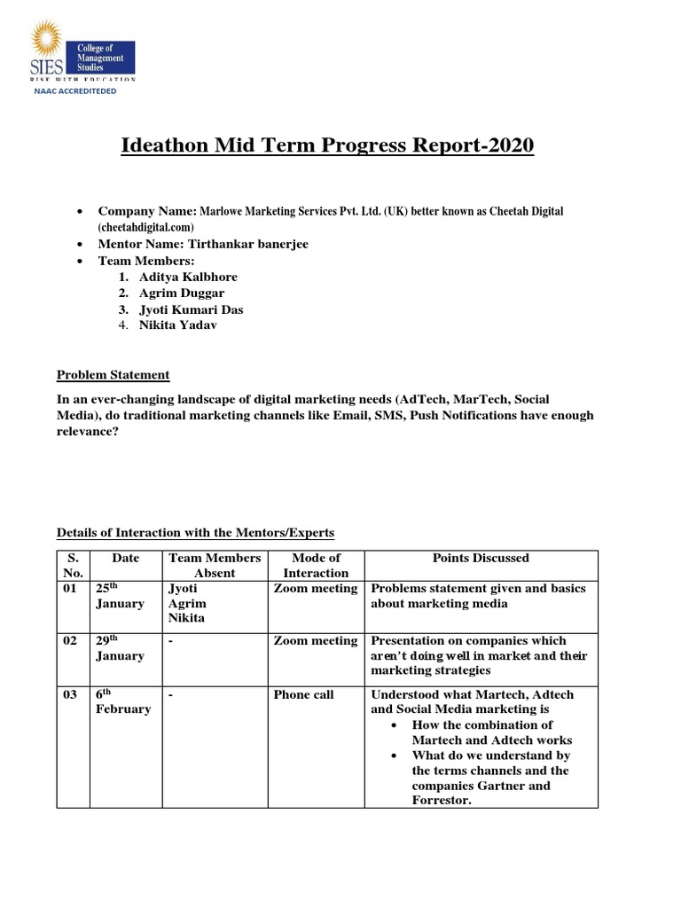 Mid Term Progress Report - Group - 10 - Ideathon 2020 | PDF