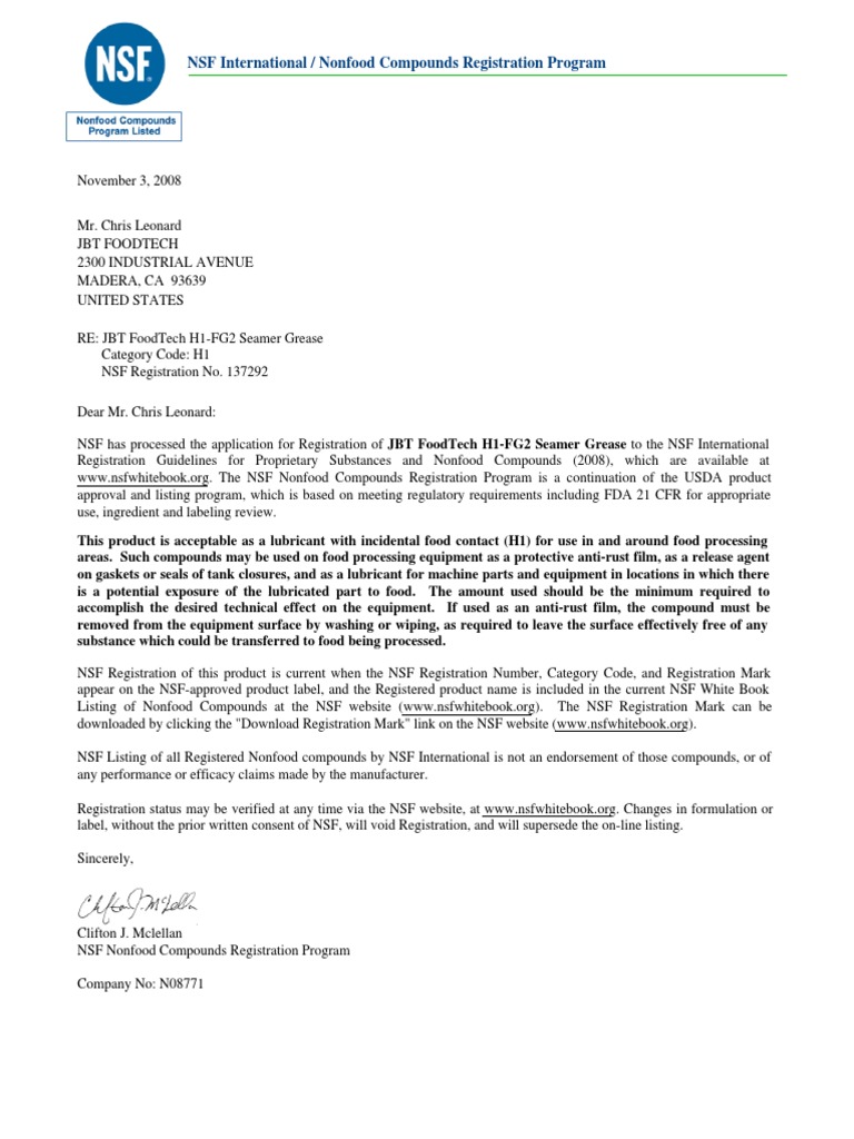 JBT Foodtech NSF Certificate | PDF